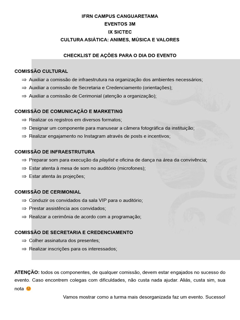 Checklist de atuação para o dia do evento | PDF