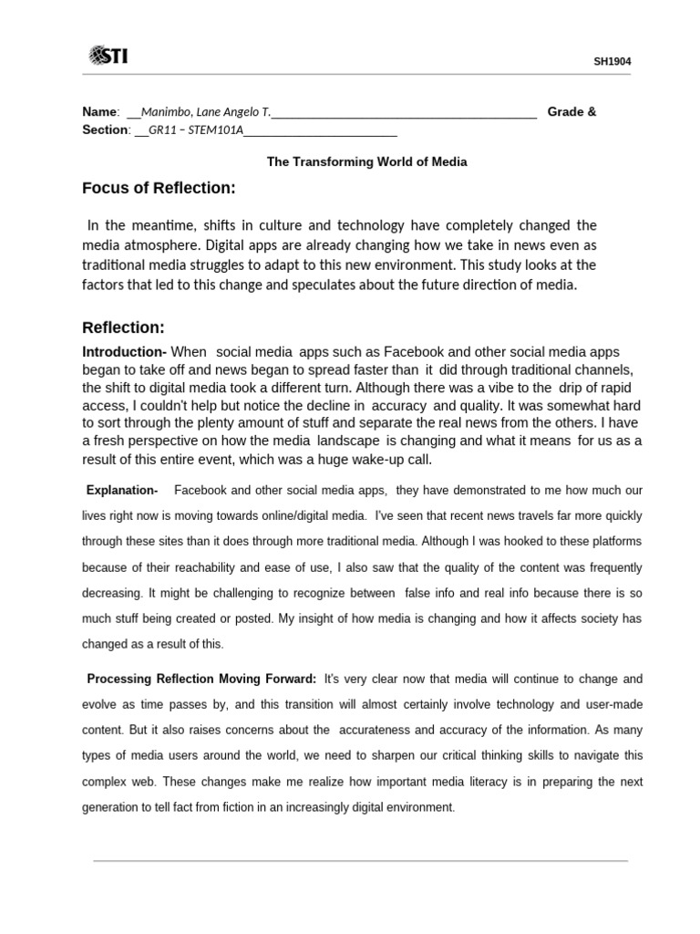 MIL Reflection Paper Manimbo STEM101A 02 Handout 3 | PDF