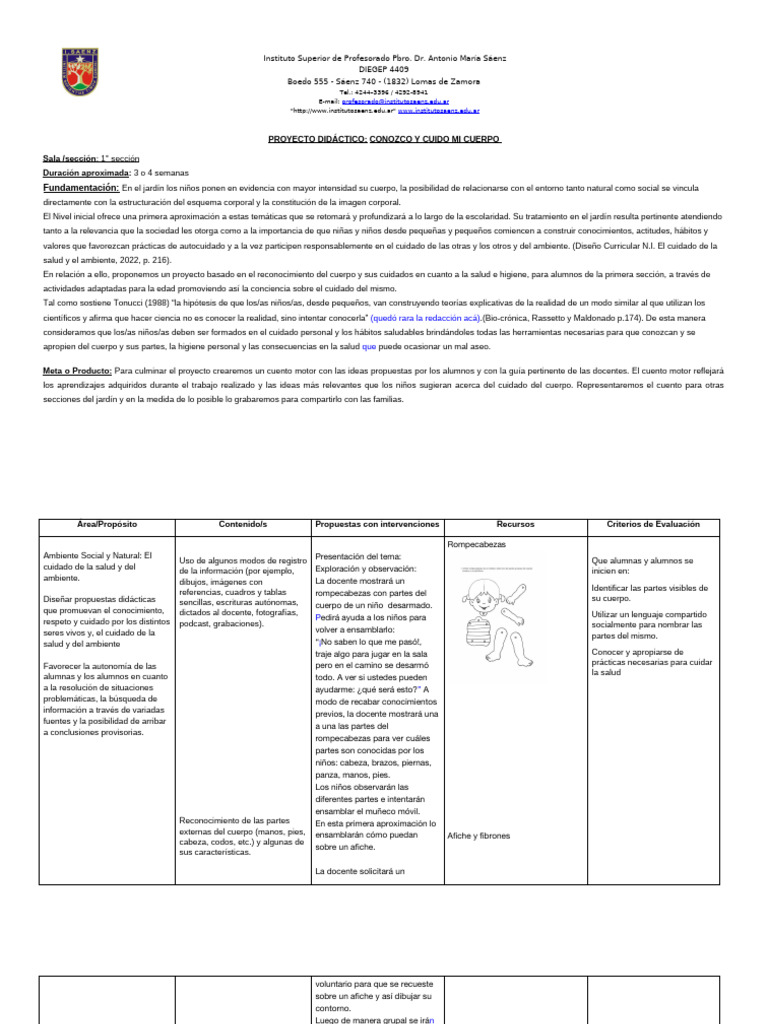 Proyecto Conozco y Cuido Mi Cuerpo | PDF