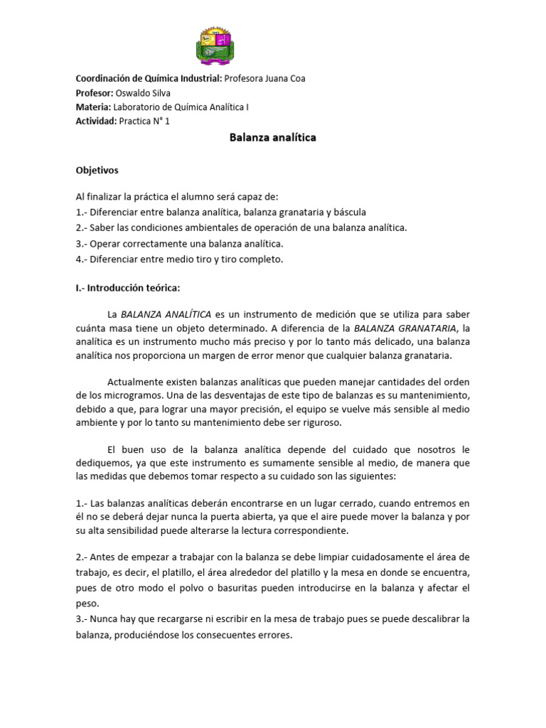 Practica 1 Lab QA I_ Balanza Analítica | PDF