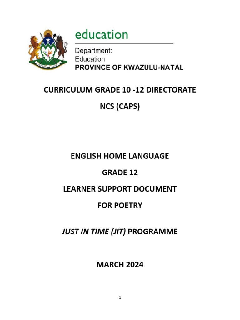 Grade 12 Poetry - Learner Guide KZN Jit | PDF