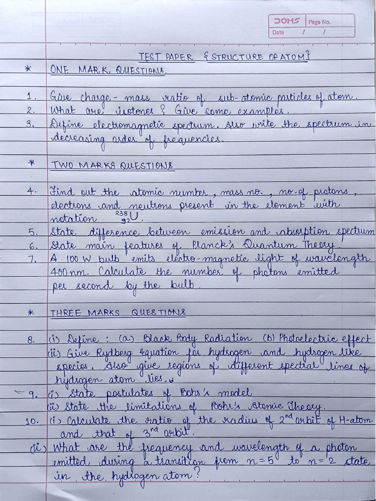 Structure of Atom Test | PDF