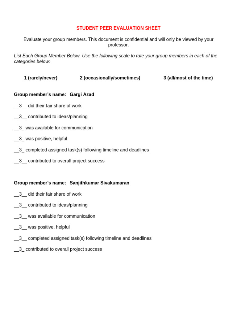 Group Presentation Peer Evaluation Sheet - completed | PDF