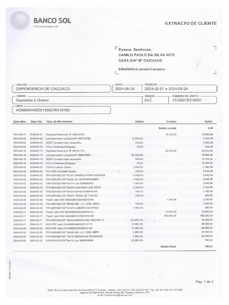 Extrato Bancário Banco Sol | PDF