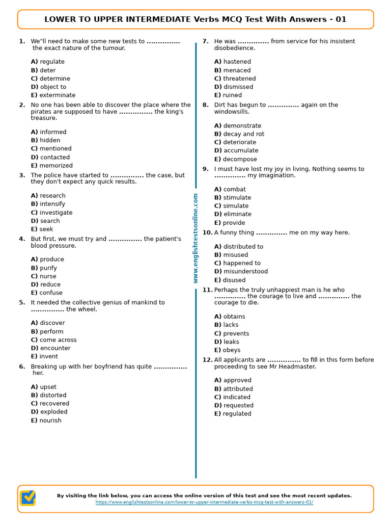 652 - Lower To Upper Intermediate Verbs MCQ Test With Answers 01 | PDF