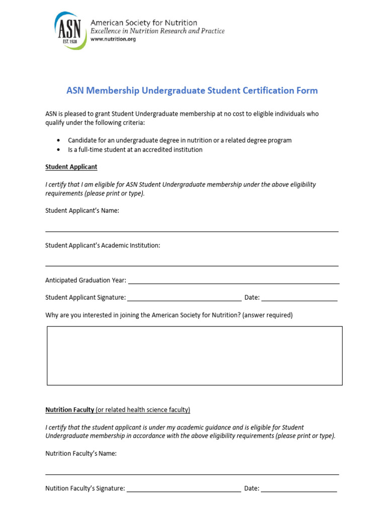 ASN Membership Undergraduate Student Certification Form | PDF