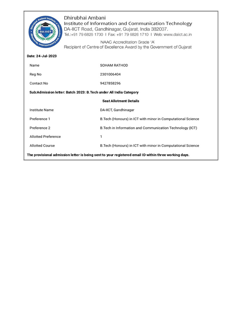 DA-IICT Seat Allotment Letter | PDF