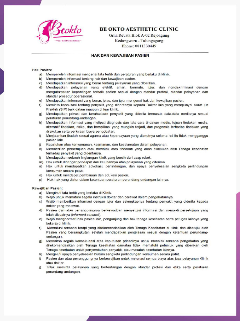 Poster Hak Dan Kewajiban Pasien Klinik Be Okto | PDF