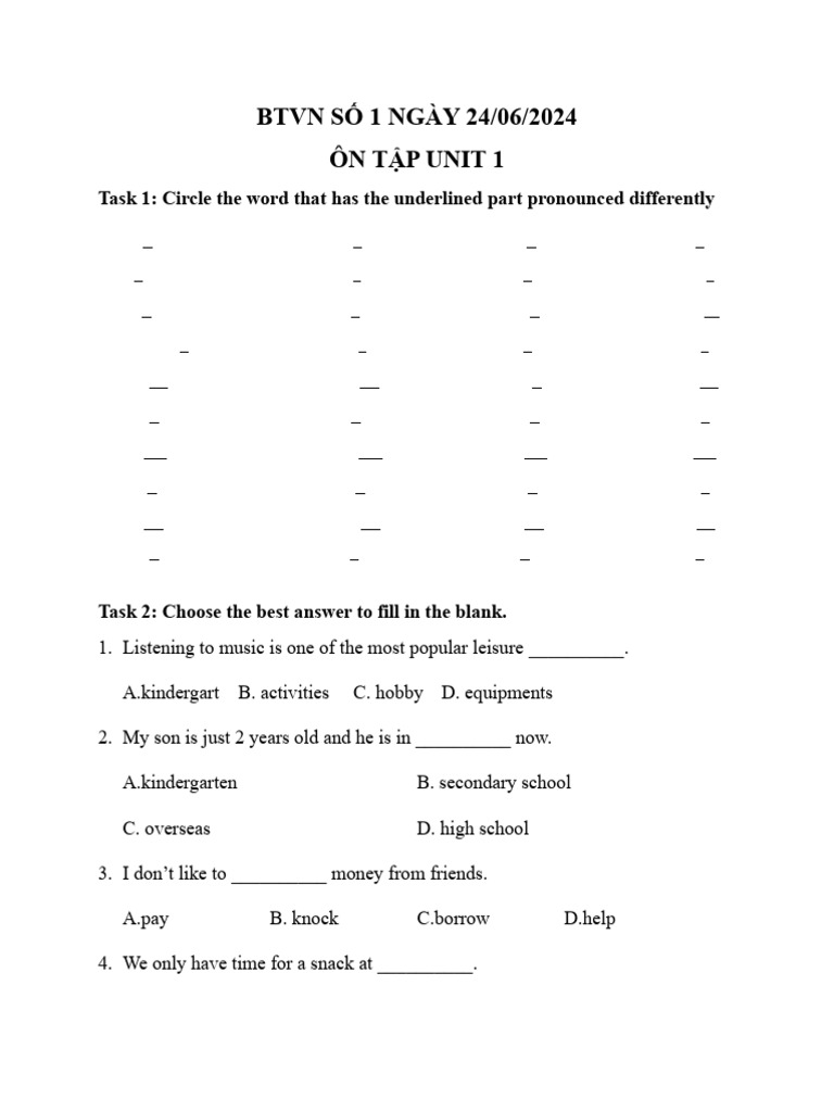 BTVN SỐ 1 NGÀY 24 | PDF