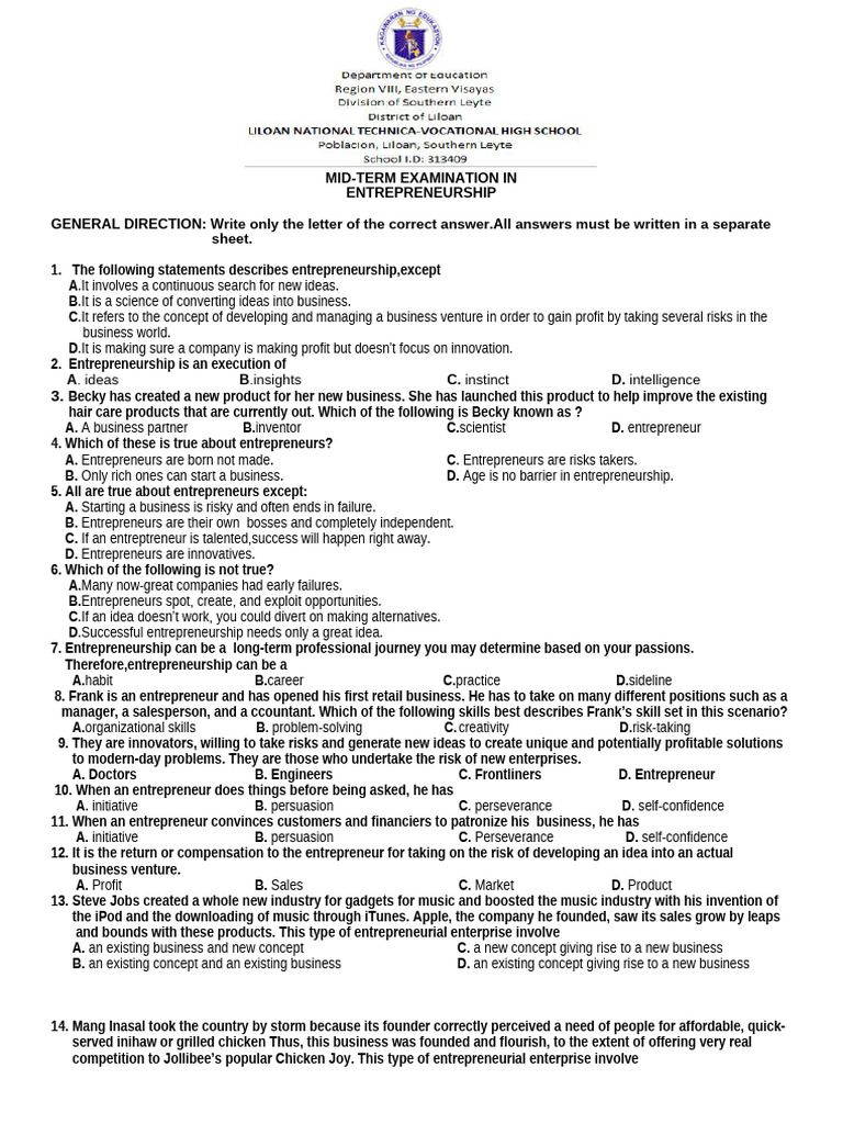 3rd Quarter Examination in Entrep | PDF