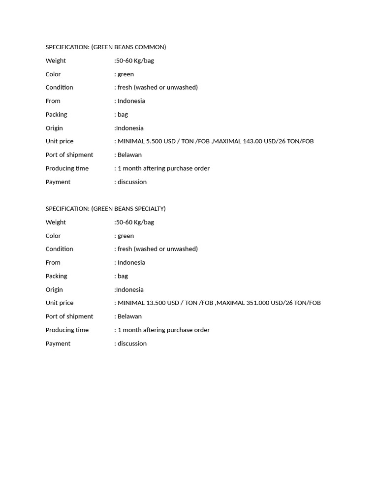 Specification Coffee Bean Pdf