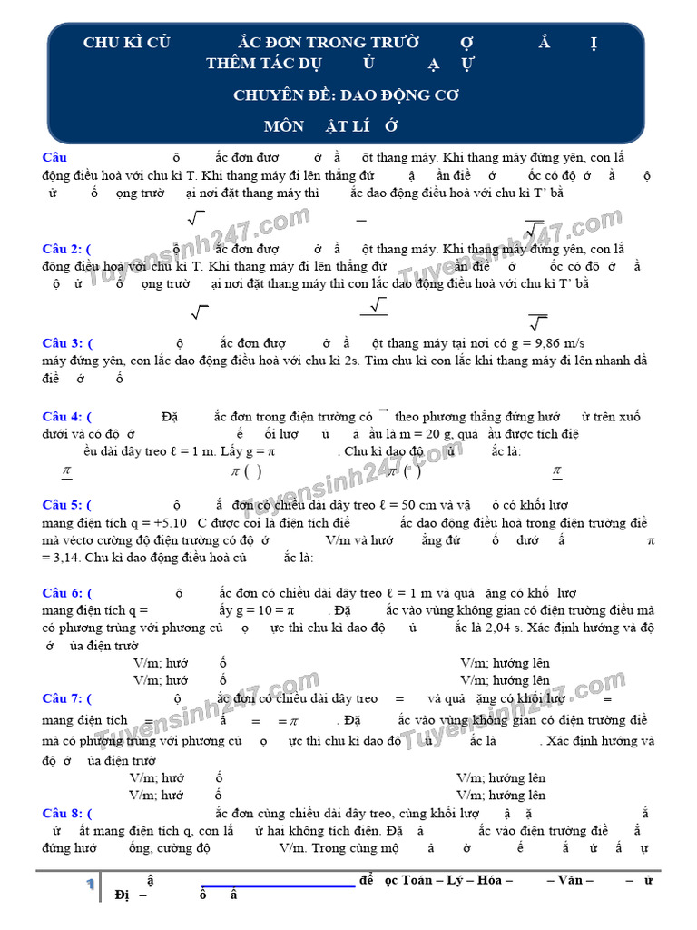 TS247 DT Thi Online Chu Ky Cua Con Lac Don Trong Truong Hop Con Lac ...