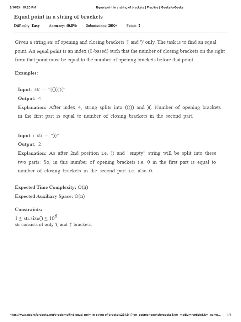 Equal Point in A String of Brackets - Practice - GeeksforGeeks | PDF
