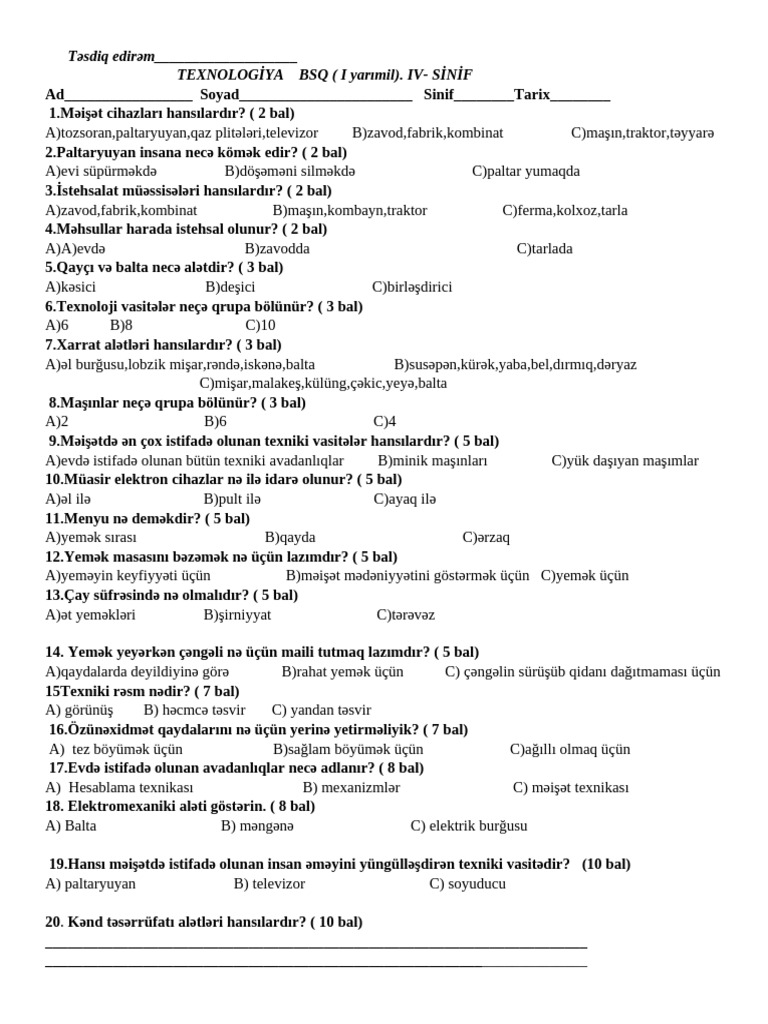 tEXNOLOGİYA BSQ 1 | PDF