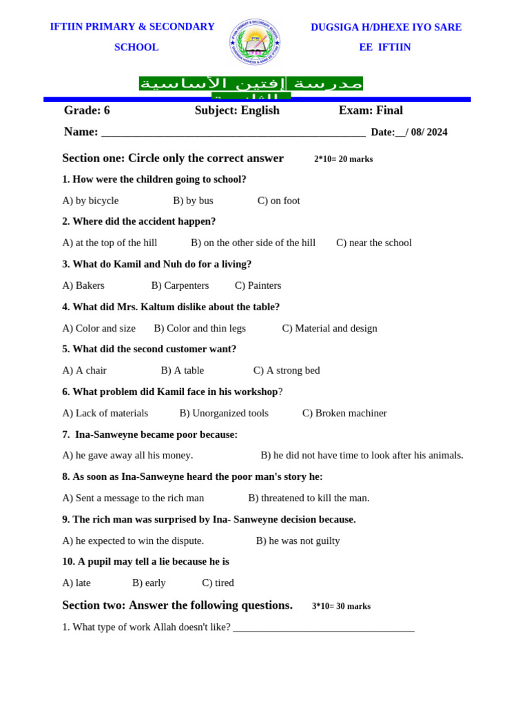 Grade 6 English Final Exam Paper | PDF