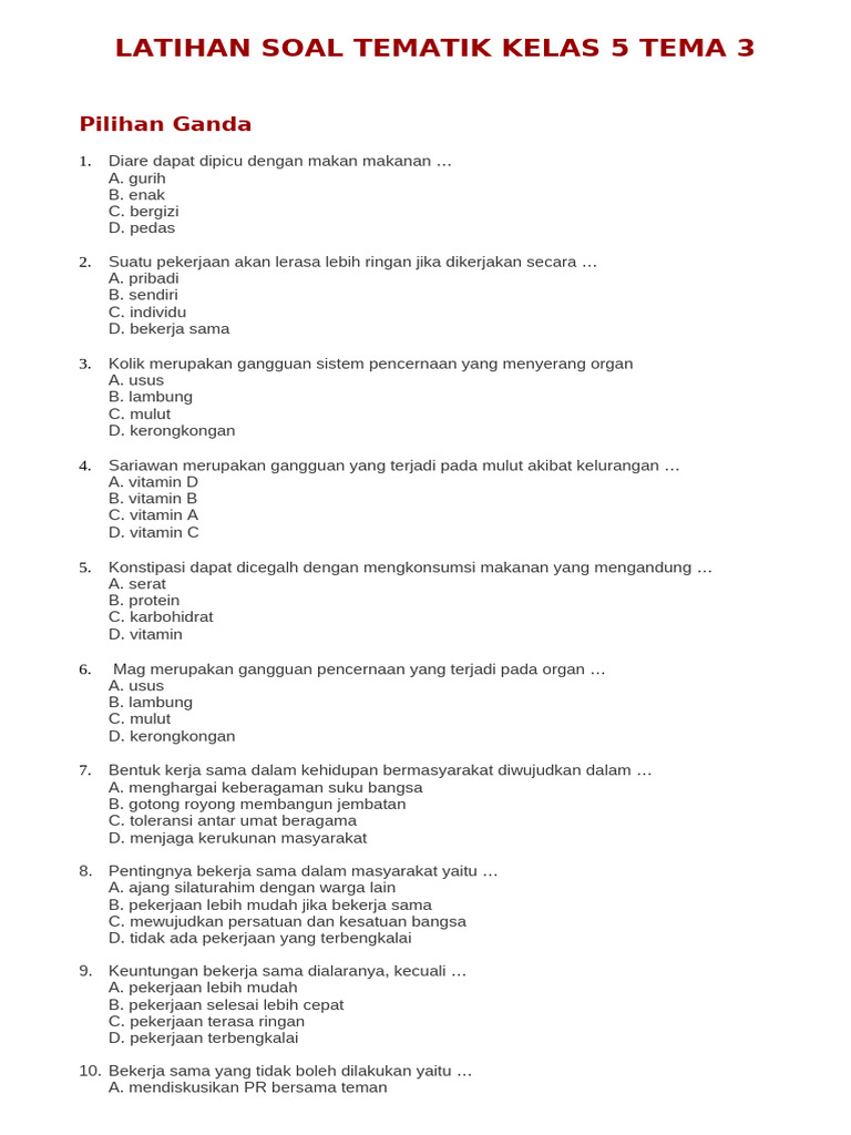 Latihan Soal Tematik Kelas 5 Tema 3 | PDF