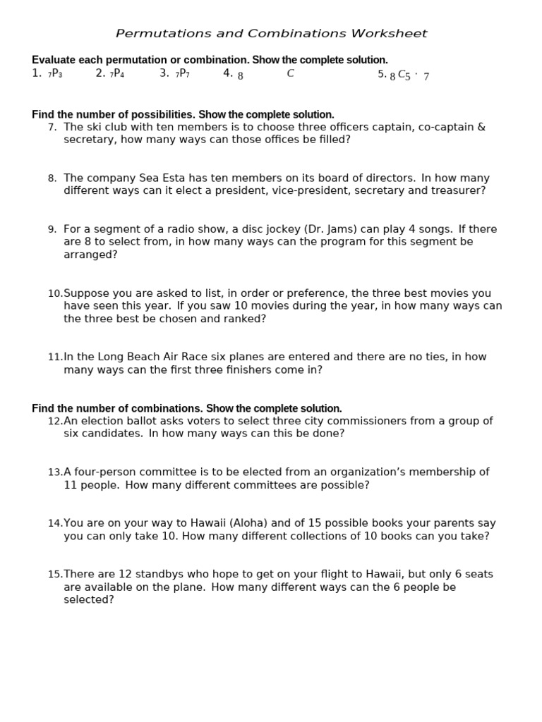 Permutations and Combinations Worksheet: Evaluate Each Permutation or ...