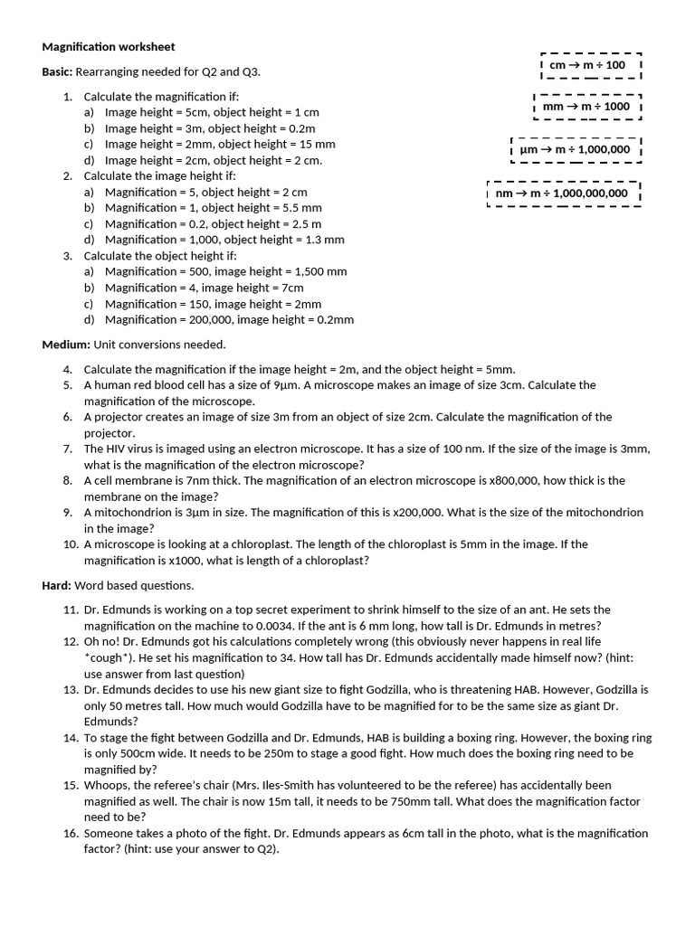 Magnification Worksheet | PDF
