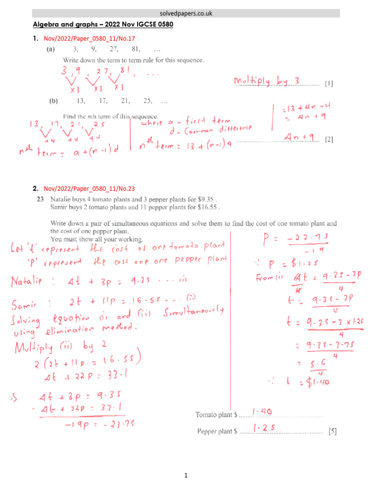 2022N Algebra and Graphs IGCSE 0580 - Solved | PDF