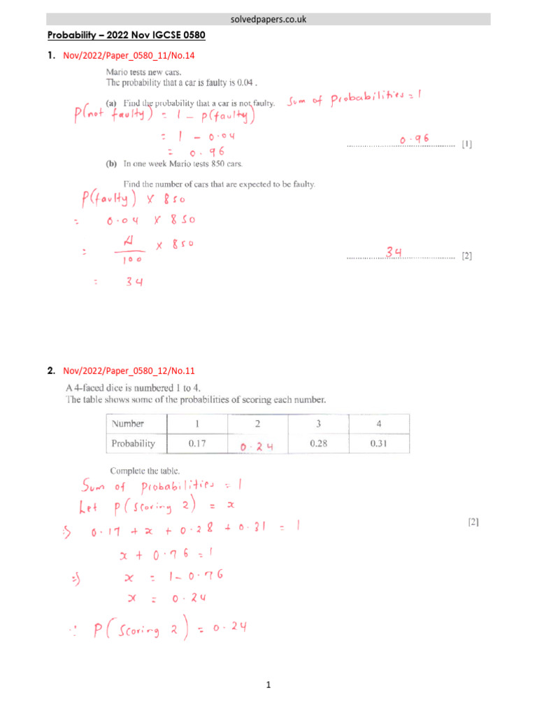 2022N Probability IGCSE 0580 - Solved | PDF