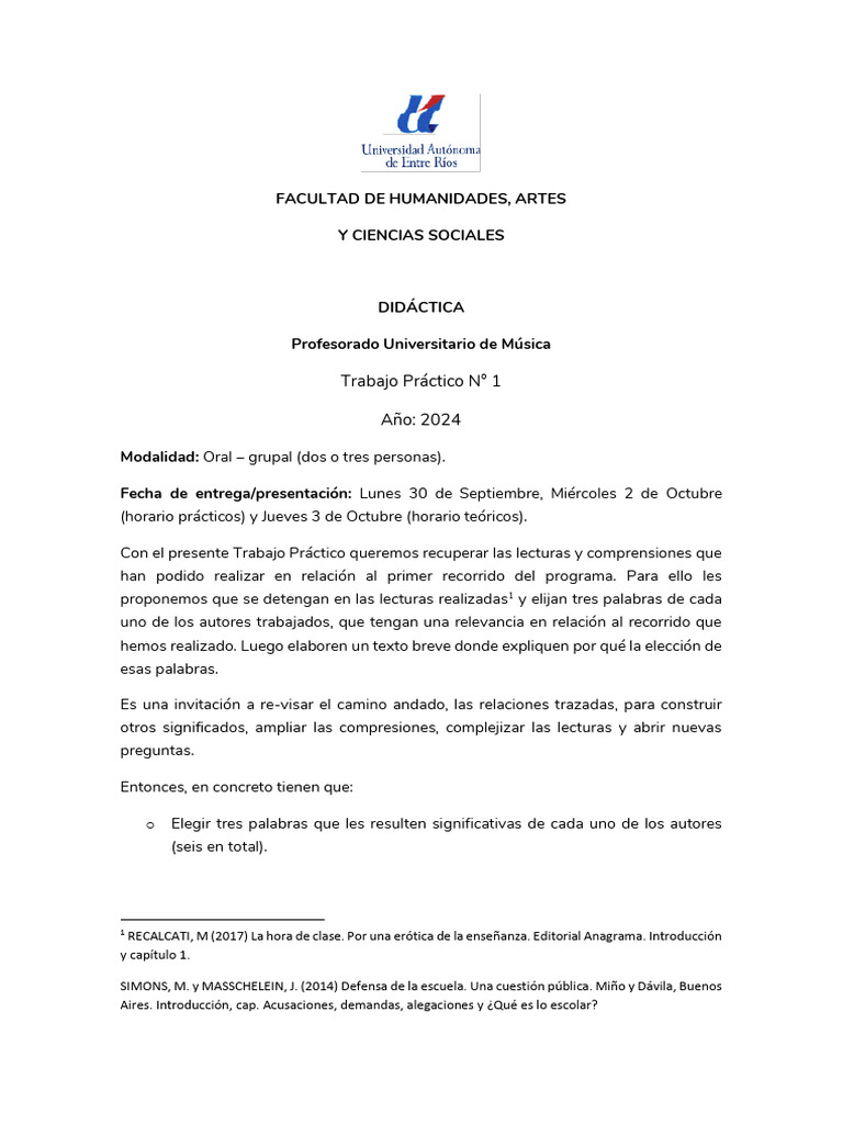 FHAyCS - UADER - PUM - Didáctica - TP1 2024 | PDF