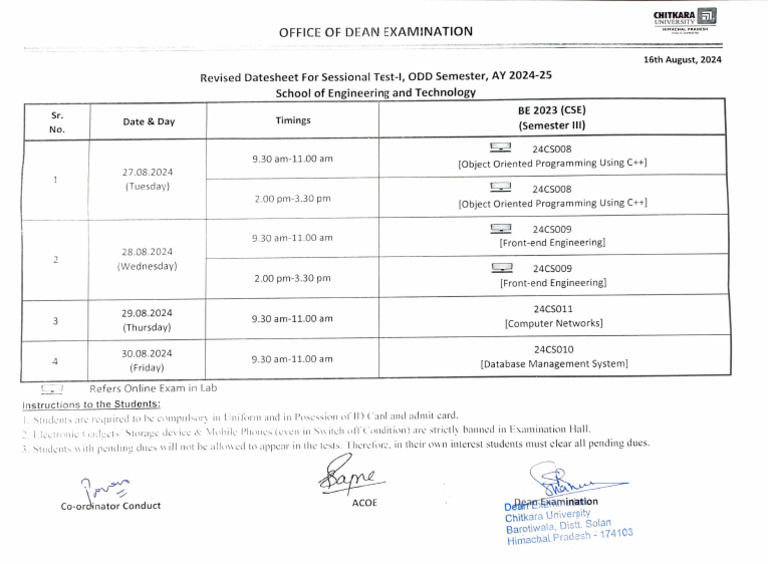 Circular 20240816115713 Batch 2023 Cse Revised Datesheet For Sessional ...