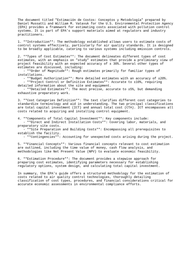 Estimacion de Costos - One Page Summary | PDF