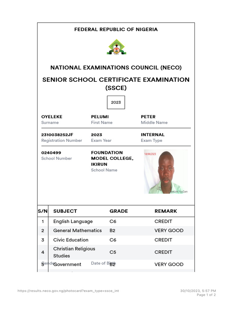 NECO Results Portal | PDF