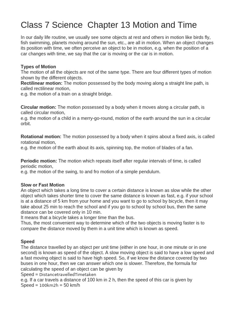 Class 7 Science Chapter 13 Motion and Time | PDF | Speed | Pendulum