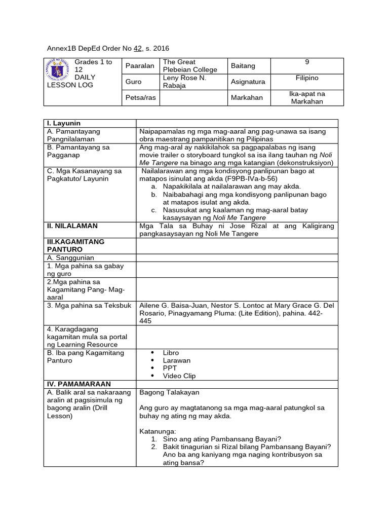 2 DLP Template Fil. Annex1B DepEd Order No.42.s.2016 Copy 1 | PDF