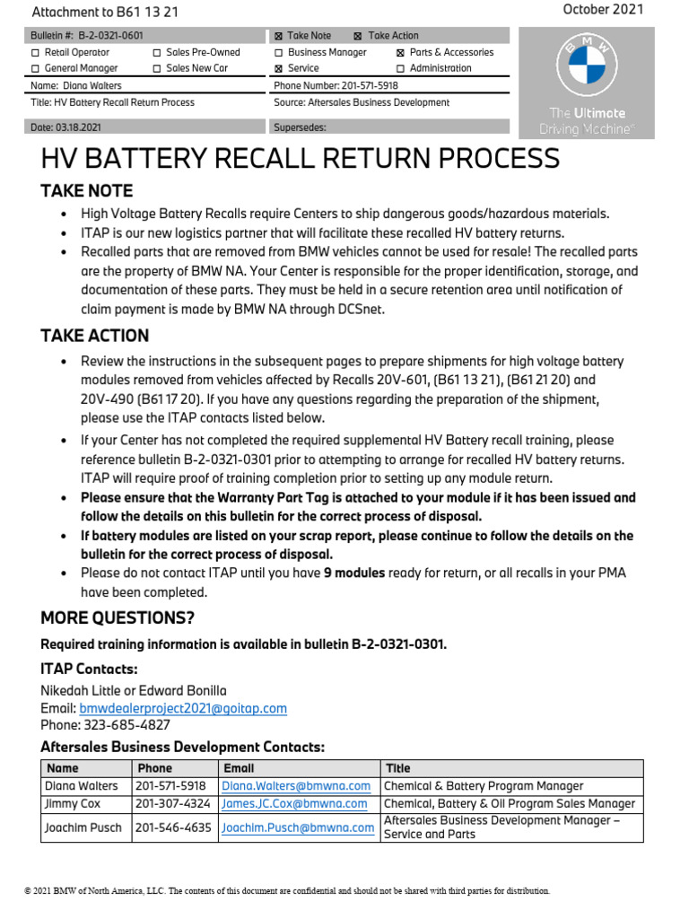 B611321 B-2-0321-0601 HV Battery Recall Return Process | PDF