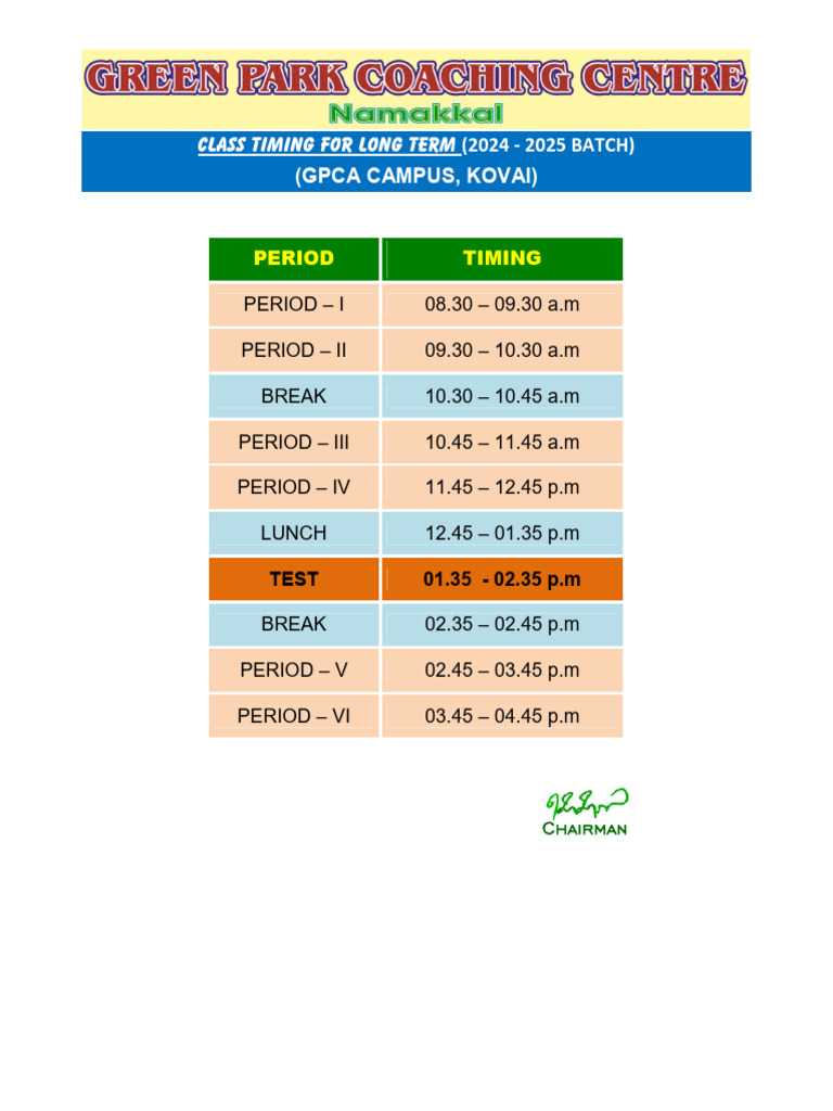Long Term - CLASS TIMING (GPCA) | PDF