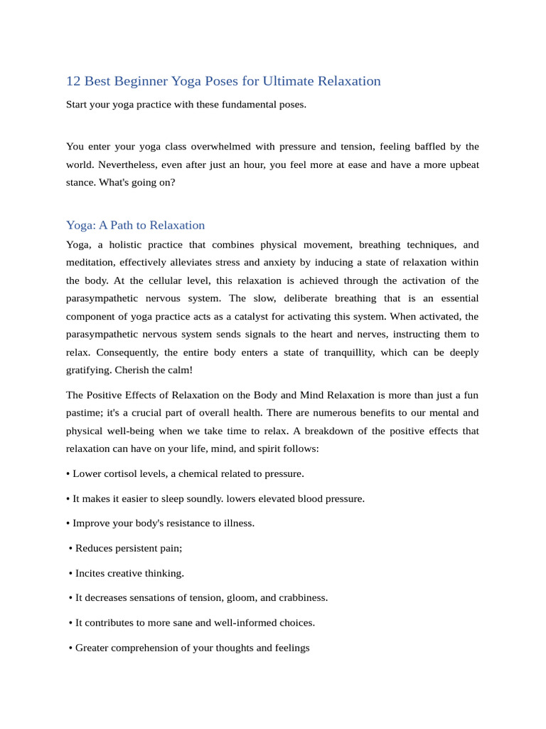 12 Best Beginner Yoga Poses For Ultimate Relaxation | PDF