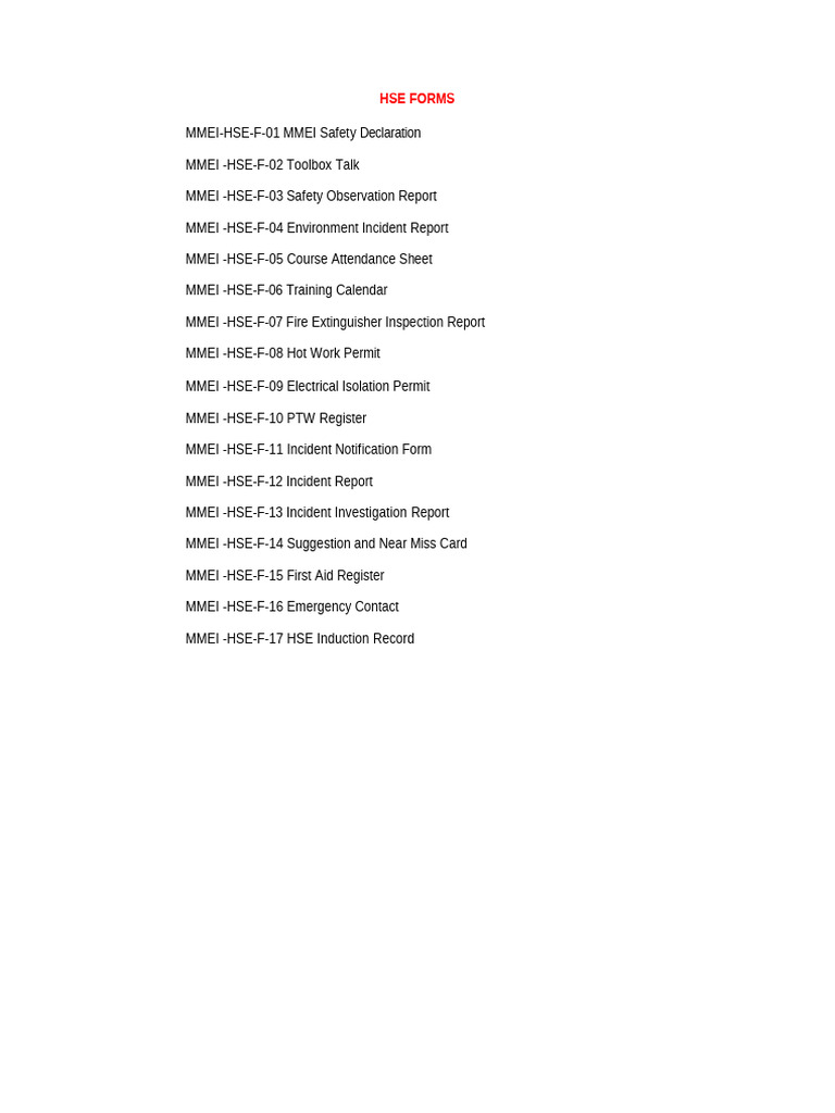 HSE Forms Lists | PDF