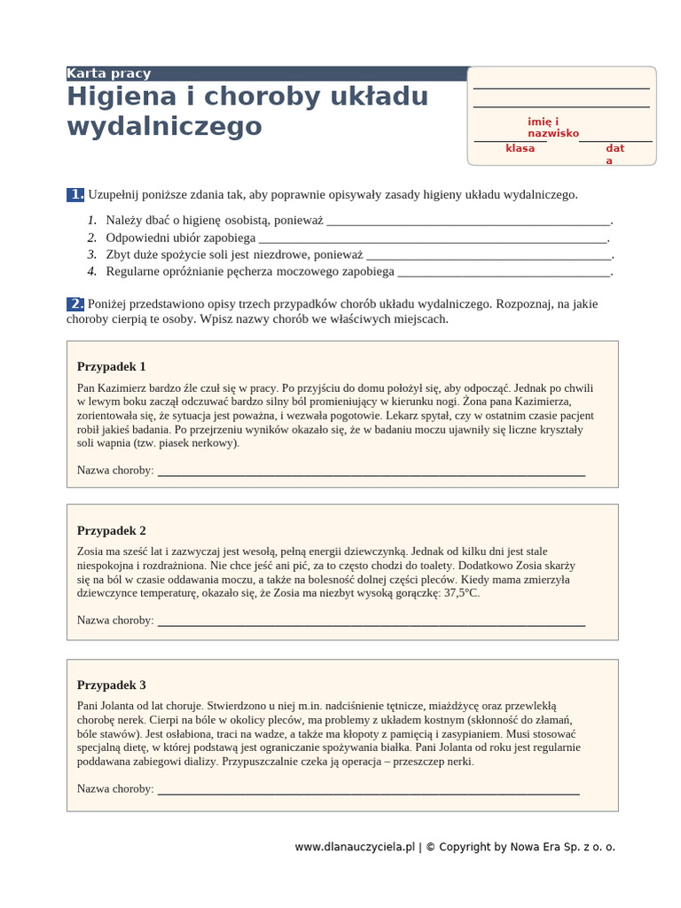 Higiena I Choroby Ukladu Wydalniczego Karta Pracy | PDF