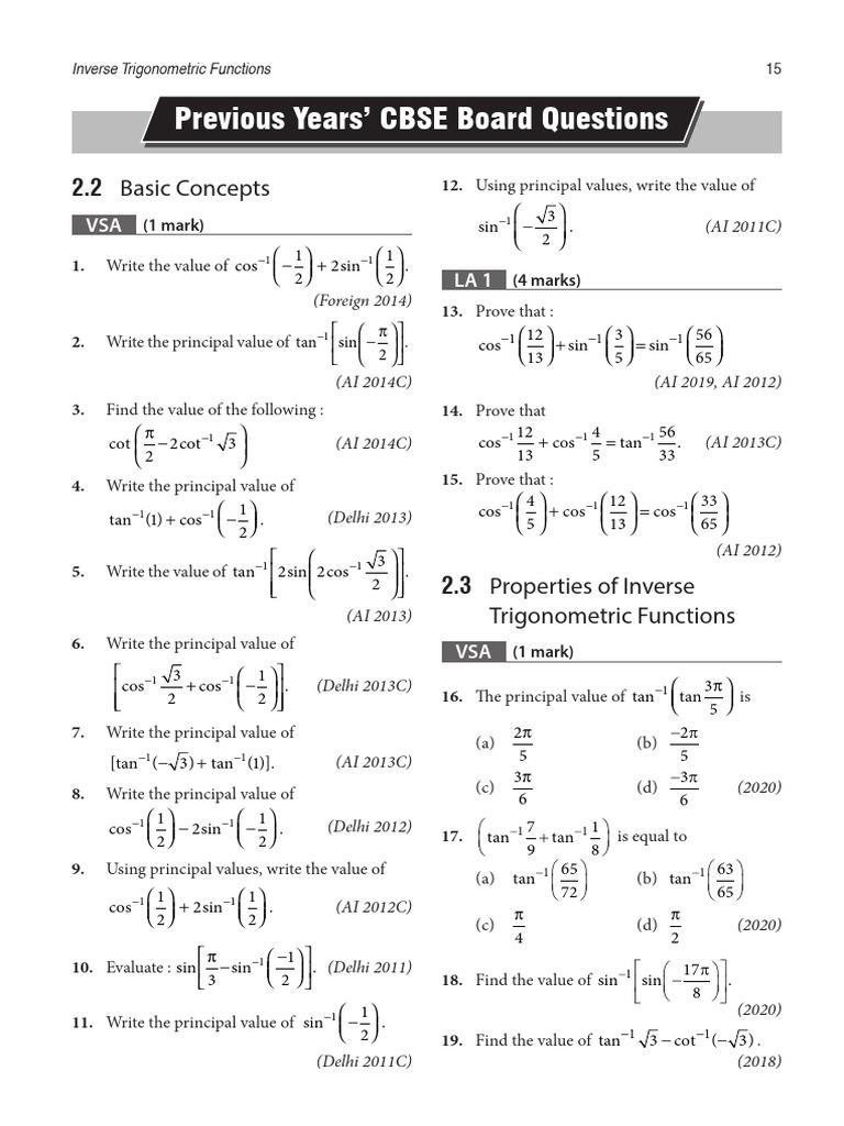 Maths Class XII Chapter 02 Inverse Trigonometric Functions PYQs | PDF