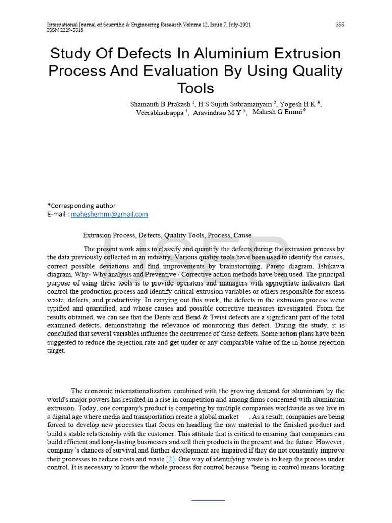 Study of Defects in Aluminium Extrusion Process and Evaluation by Using ...