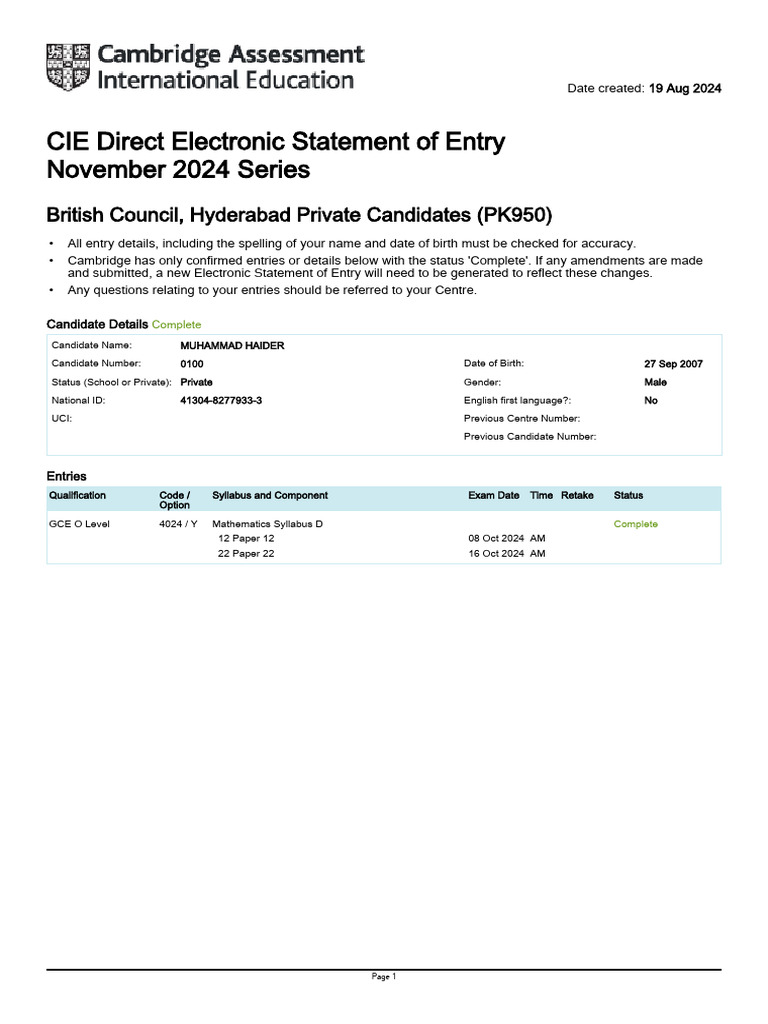 CIE Direct Electronic Statement of Entry November 2024 Series | PDF