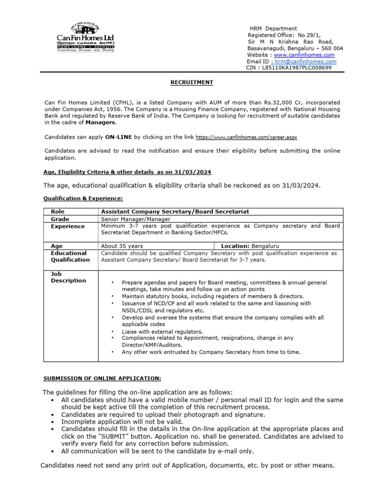 Notification - Assistant Company Secretary & Board Secretarait | PDF