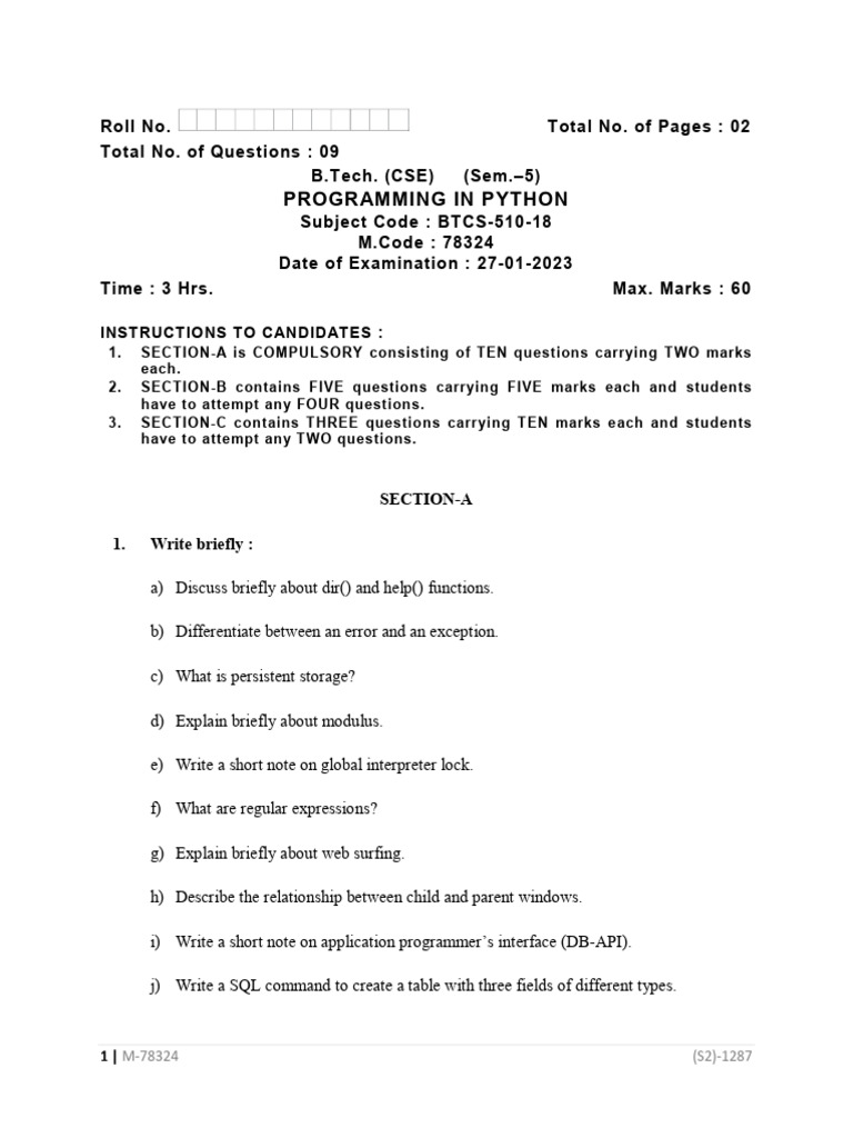 Btech Cse 5 Sem Programming in Python 78324 Jan 2023 | PDF | Software ... Btech Cse 5 Sem Programming in Python 78324 Jan 2023 | PDF | Software ...