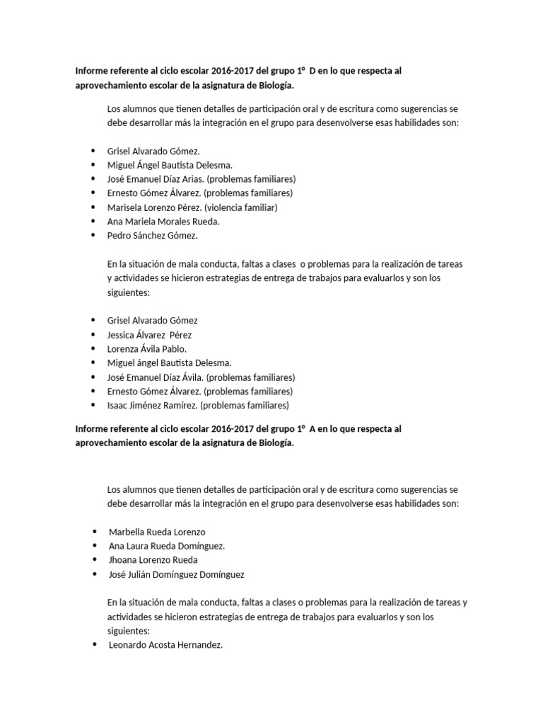 Informe Referente Al Ciclo Escolar 2016-2017 Problematica de Aprendizaje | PDF