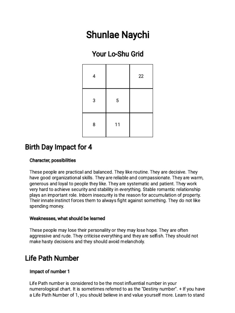 Lo-Shu Grid Analysis and Insights | PDF | Mind | Career & Growth