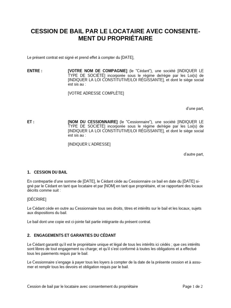 Cession de Contrat de Bail Avec Consentement Du Propriétaire | PDF Cession de Contrat de Bail Avec Consentement Du Propriétaire | PDF