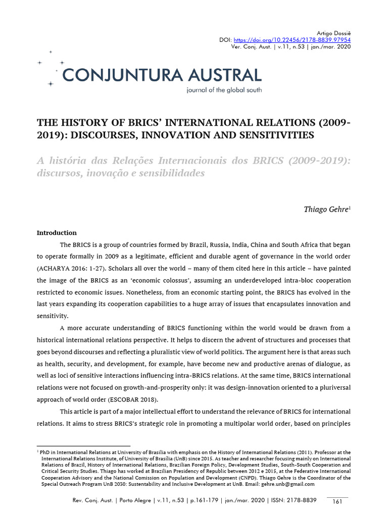 Gehre - 2020 - The History of BRICS' International Relations (2009-2019 ...