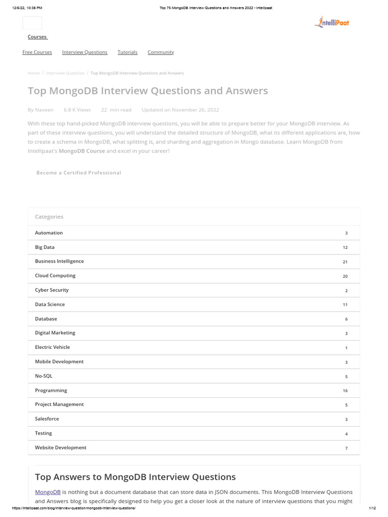 Top 75 MongoDB Interview Questions and Answers 2022 - Intellipaat | PDF
