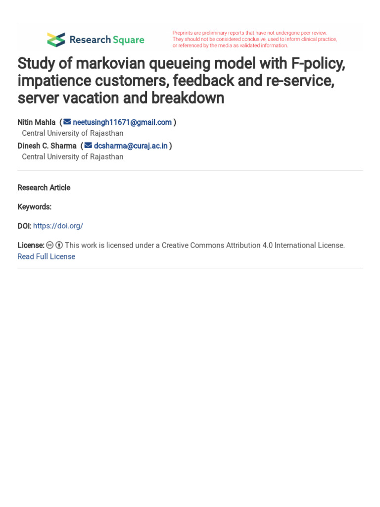 Study of Markovian Queueing Model With F-Policy Im | PDF