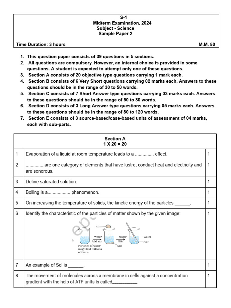 SAMPLE PAPER 2- Class 9-Midterm Science 2024- 2025-1 | PDF