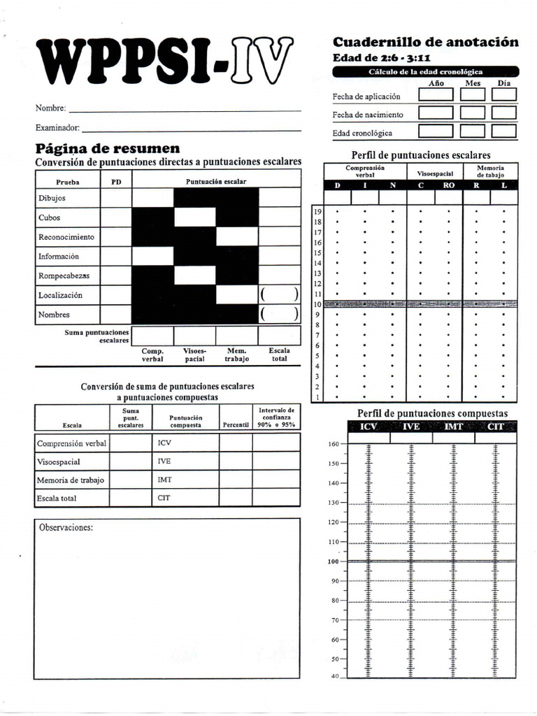 (3 Hojas) Cuadernillo de Anotación - Wppsi IV (2 Años Con 6 Meses - 3 Años Con 11 Meses) (1) | PDF