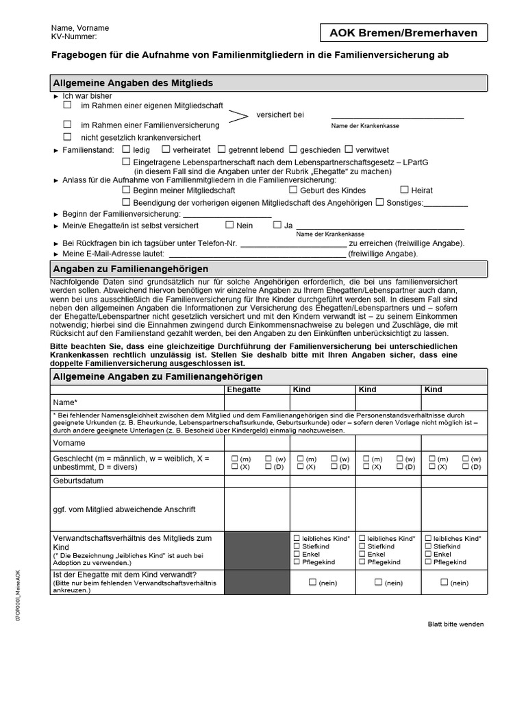 Familienversicherung - Antrag Auf Kostenlose Mitversicherung - 1 | PDF