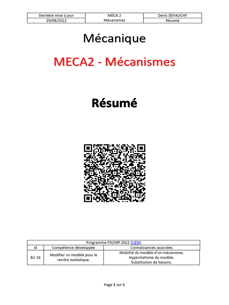 MECA2 - Mécanismes - Résumé | PDF